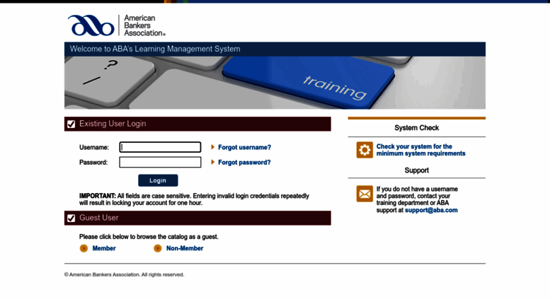 Access aba.csod.com. Welcome to ABA’s Learning Management System