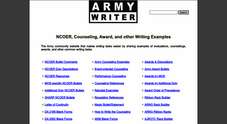 Access armywriter.com. ArmyWriter.com Index