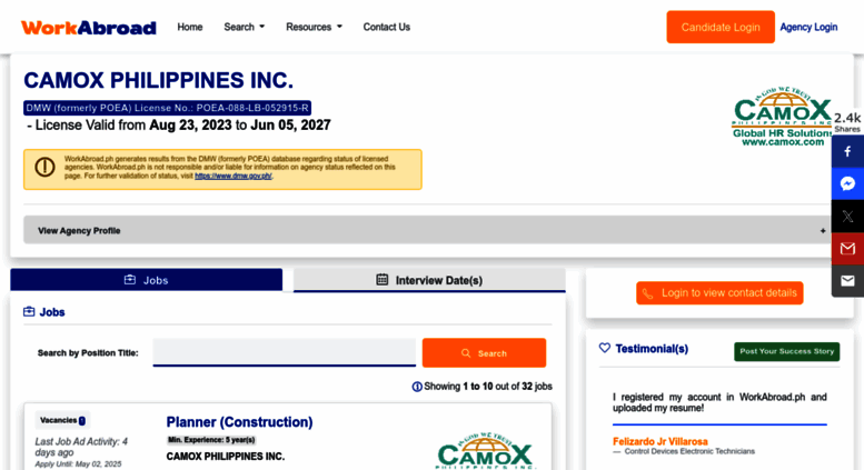Access camox.workabroad.ph. Work Abroad - CAMOX PHILIPPINES INC. - POEA ...