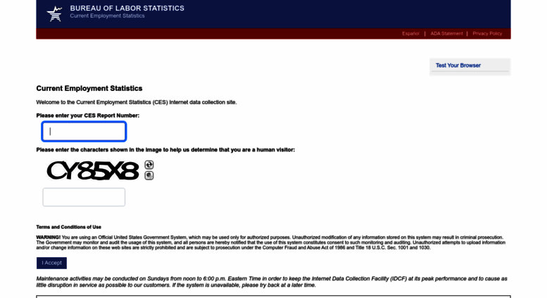 Access cesdata.bls.gov. Current Employment Statistics - Login Page