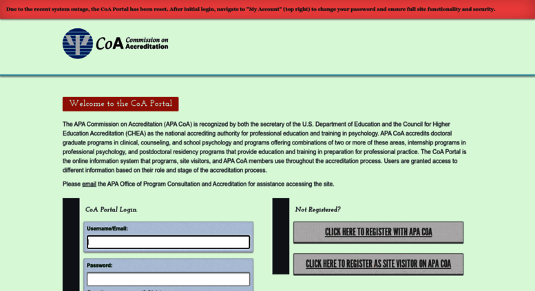 Access coaportal.apa.org. APA CoA