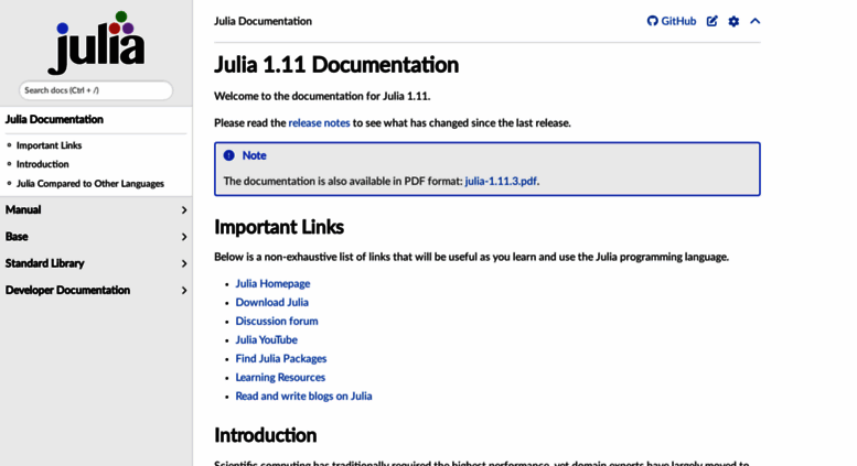 Access docs.julialang.org. Julia Documentation · The Julia Language