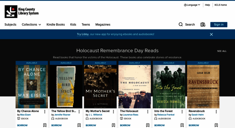 Access ebooks.kcls.org. King County Library System - OverDrive