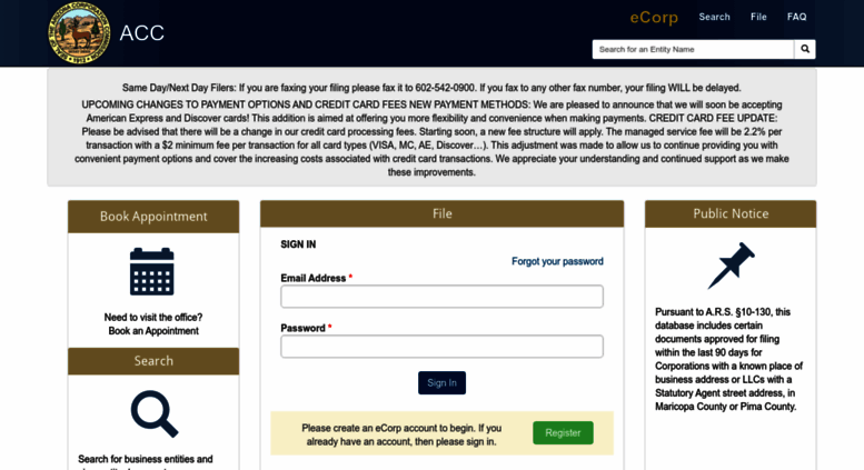 Access ecorp.azcc.gov. Arizona Corporation Commission