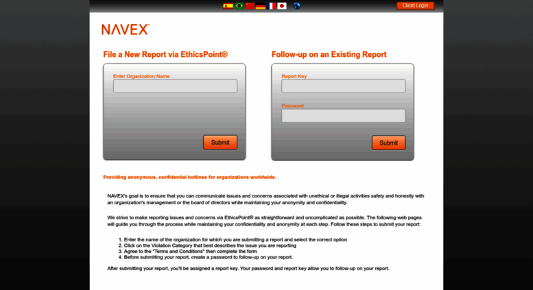 Access ethicspoint.com. NAVEX Global's EthicsPoint Client Portal