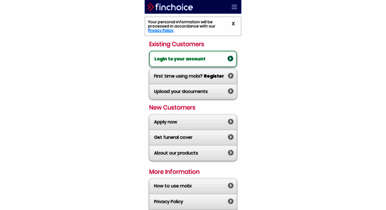 Access finchoice.mobi. Home | FinChoice