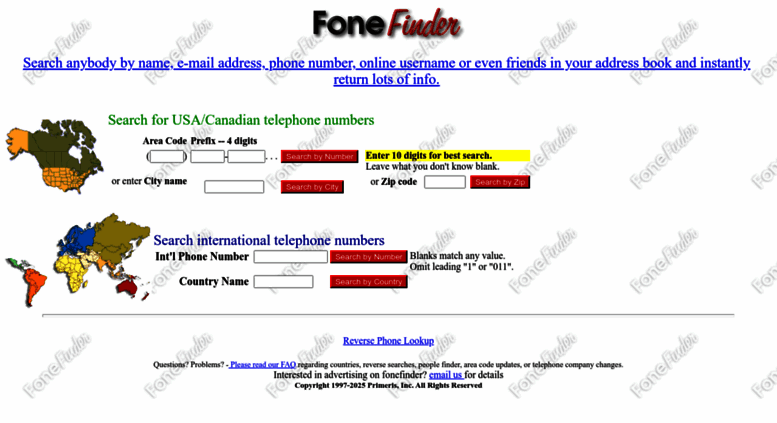 Access fonefinder.net. Fone Finder query form