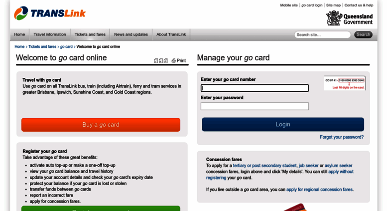 Access gocard.translink.com.au. Welcome to go card online | TransLink