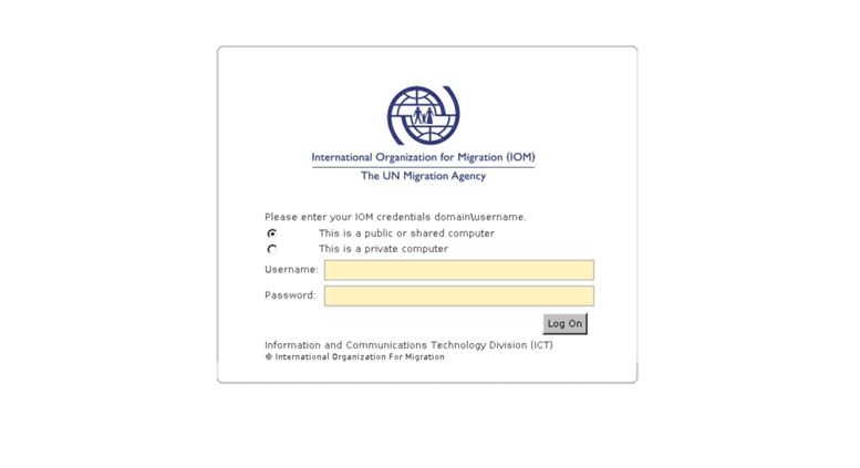 Access gvamail.iom.int. IOM Login Screen