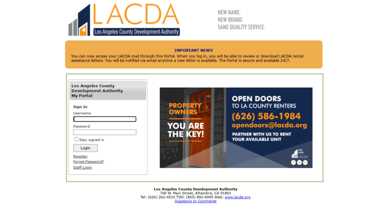 Access haportal.hacola.org. Welcome to LACDA Portal