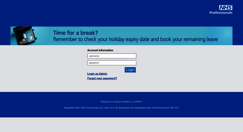 Access holiday.nhsprofessionals.nhs.uk. Holiday Booking – Login