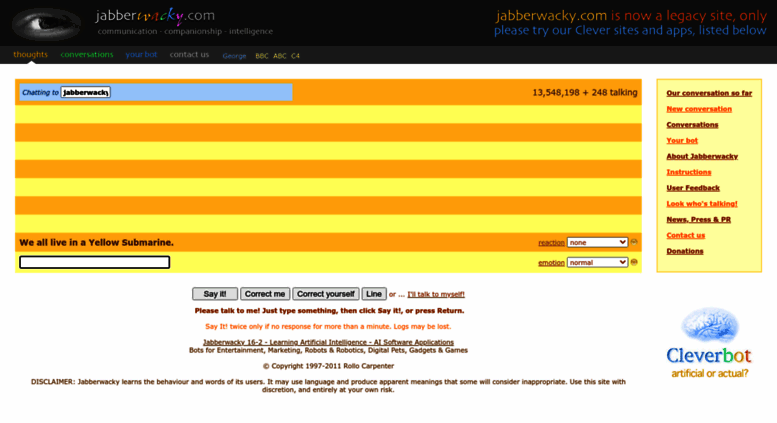 Access jabberwacky.com. jabberwacky - live chat bot - AI Artificial ...