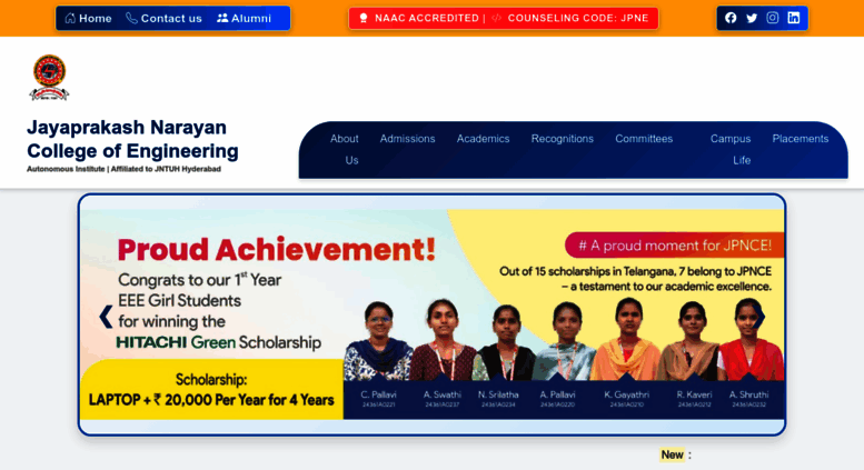 Access jpnce.ac.in. Jaya Prakash Narayan College of Engineering, Mahabubnagar, Telangana State