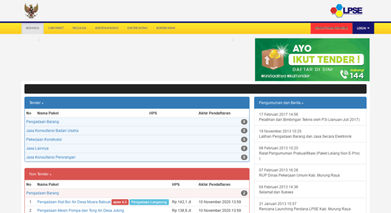 Access lpse.kabmurungraya.go.id. LPSE Kabupaten Murung Raya: Home