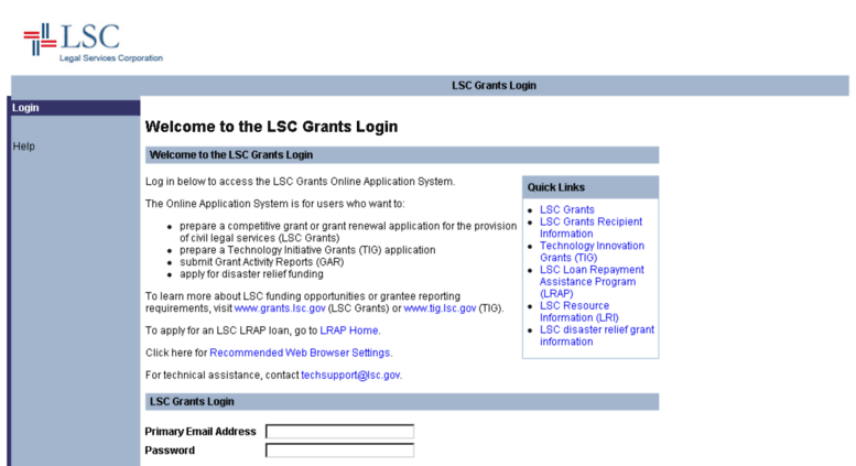 Access lscgrants.lsc.gov. LSC Grants Login