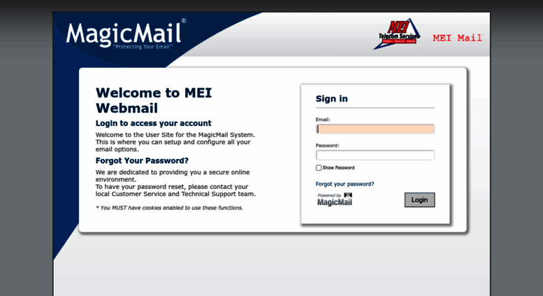 Access mail.mei.net. MagicMail Server: Login Page