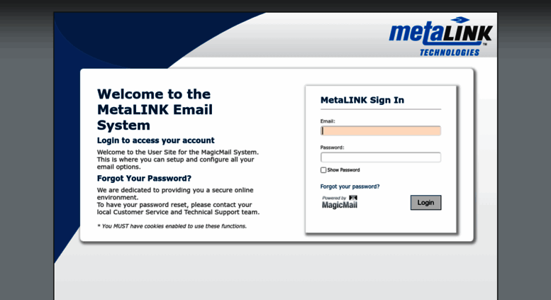 Access mail.metalink.net. MagicMail Mail Server: Landing Page