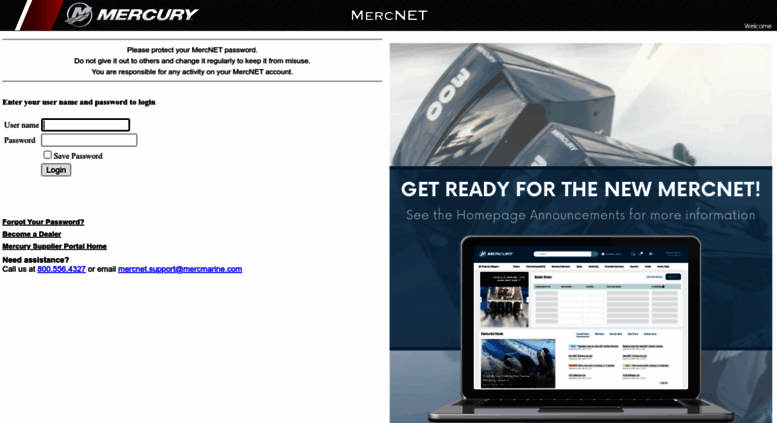Access mercnet.mercurymarine.com. MercNETPublic root page