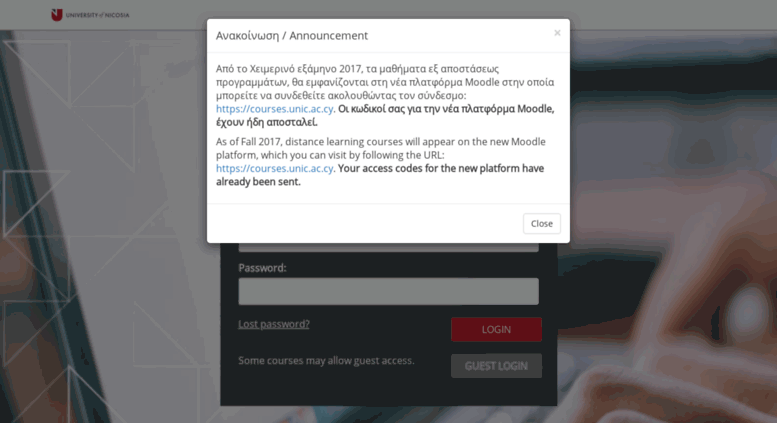 Access moodle.lll.unic.ac.cy. Login