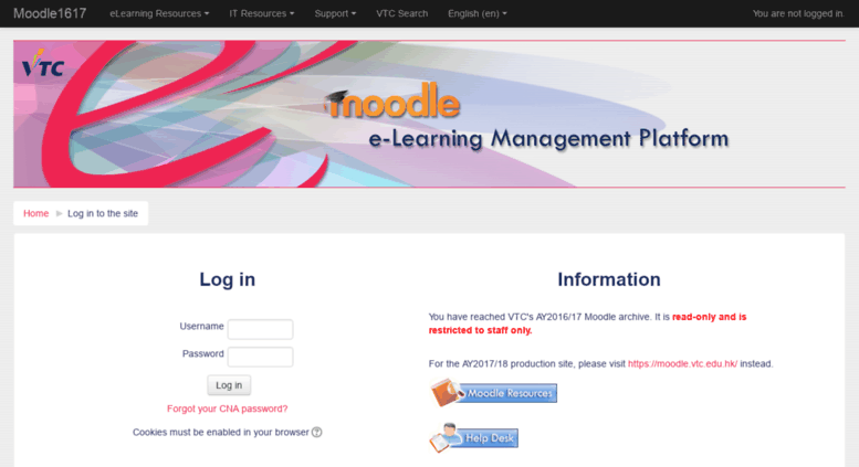 Access moodle1617.vtc.edu.hk. VTC Moodle1617: Log in to the site
