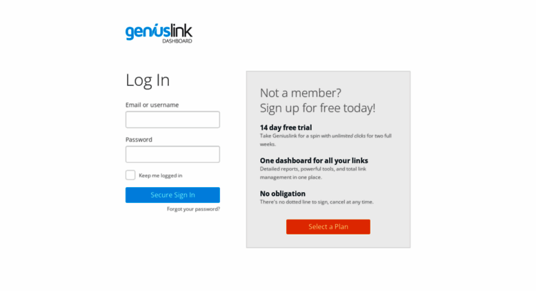 Access my.geni.us. Geniuslink Dashboard: Login