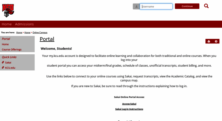 Access my.kcu.edu. Online Campus - Main View | Home | Portal