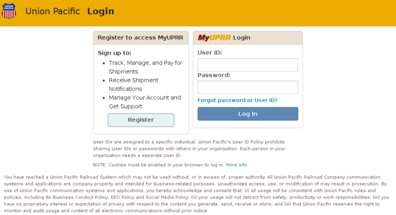 Access my.uprr.com. Union Pacific: Log In Page