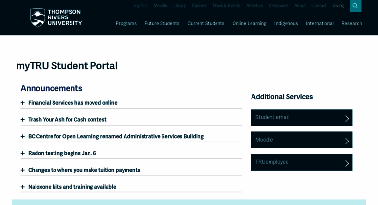 Access mytru.tru.ca. myTRU Student Portal, Thompson Rivers University