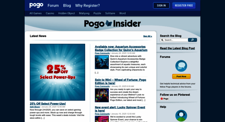Access news.pogo.com. Pogo Insider — Pogo News for Pogo Members.