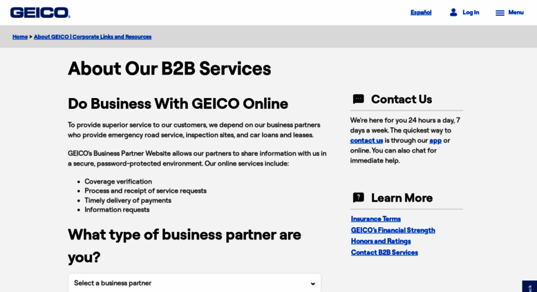 Access partners.geico.com. About Our B2B Services ~ Become a Business ...