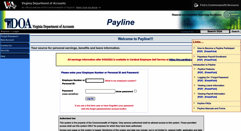 Access payline.doa.virginia.gov. Login - Virginia Department of Accounts