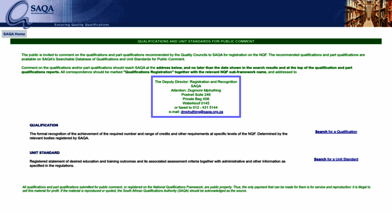 Access pcqs.saqa.org.za. SAQA
