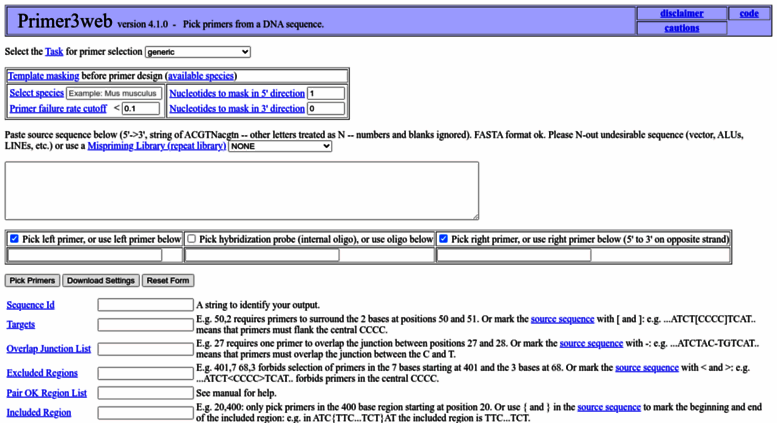 Access primer3.ut.ee. Primer3 Input