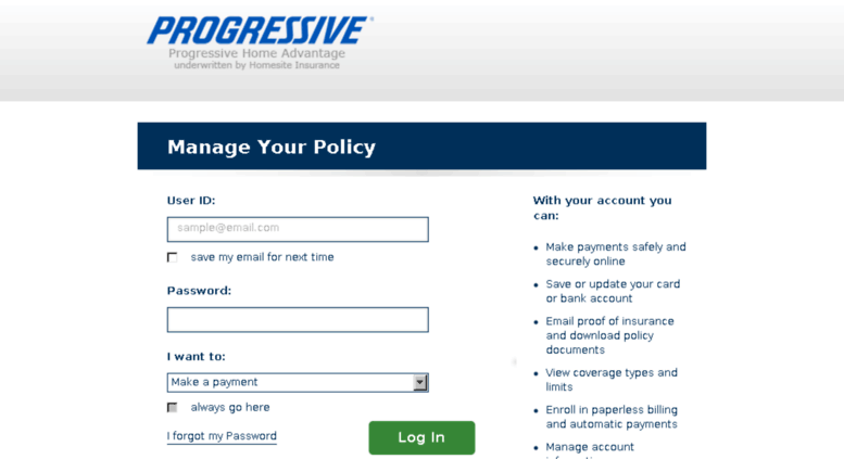 Access progressive.homesite.com. Manage Your Policy