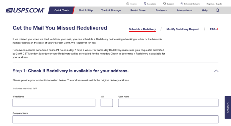 Access redelivery.usps.com. Schedule a Redelivery | USPS