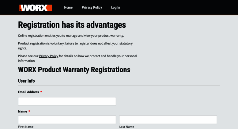 Access register.worxtools.com. WORX Warranty Registration
