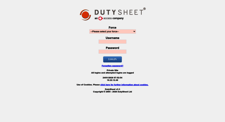 Access secure.dutysheet.com. DutySheet - Police Login