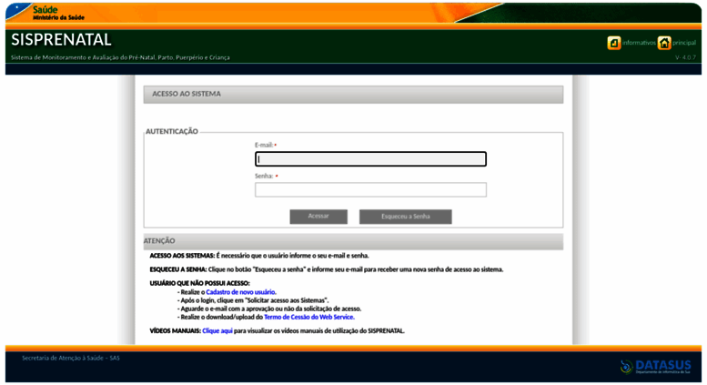Access sisprenatal.saude.gov.br. Ministerio da Saúde