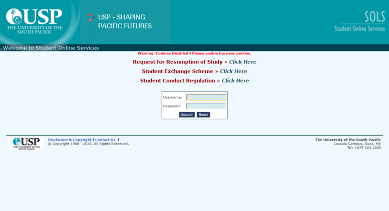 Access sols3.usp.ac.fj. SOLS: Student Online Services - The University ...