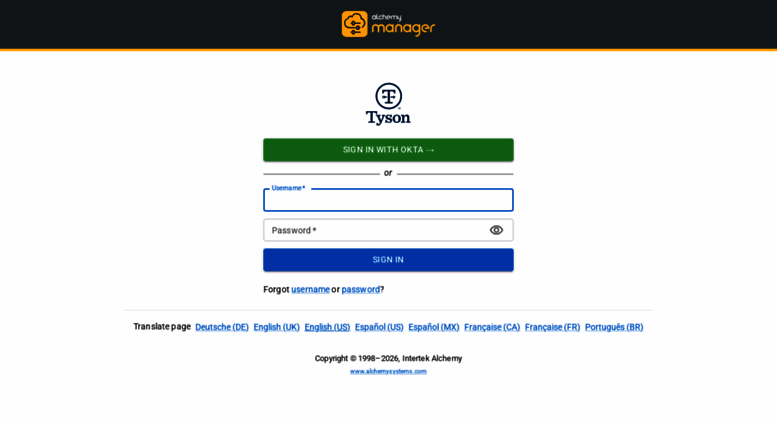 Access tyson.sistemlms.com. Alchemy Manager