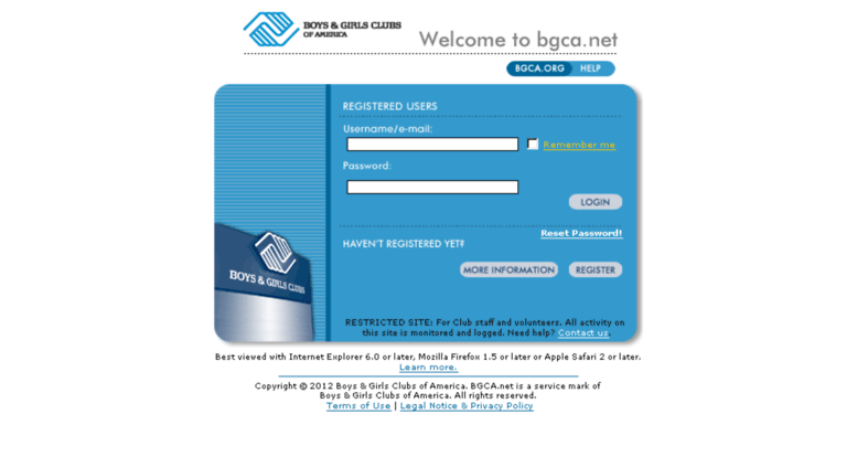 Access university.bgca.net. BGCA.Net >> Login