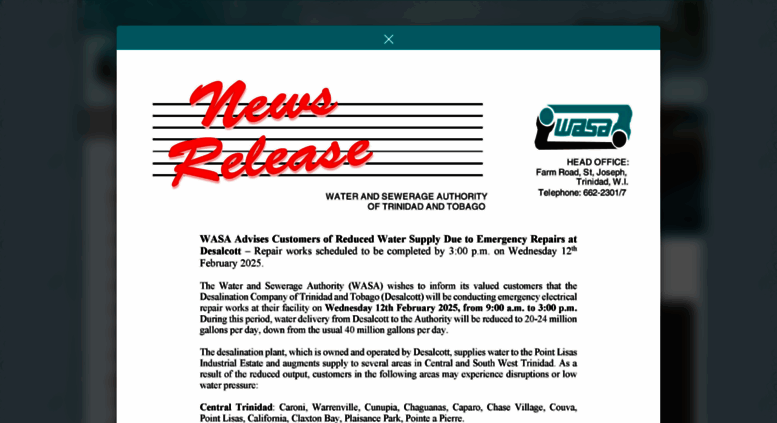 Access wasa.gov.tt. WASA Home page