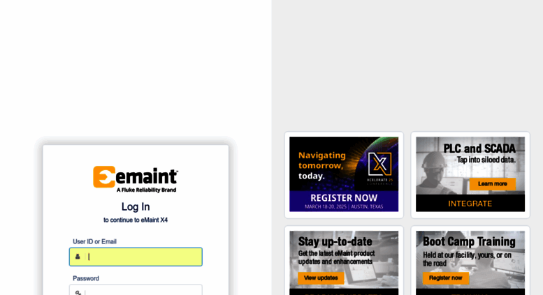 Access x35.emaint.com. eMaint X4 - Log In